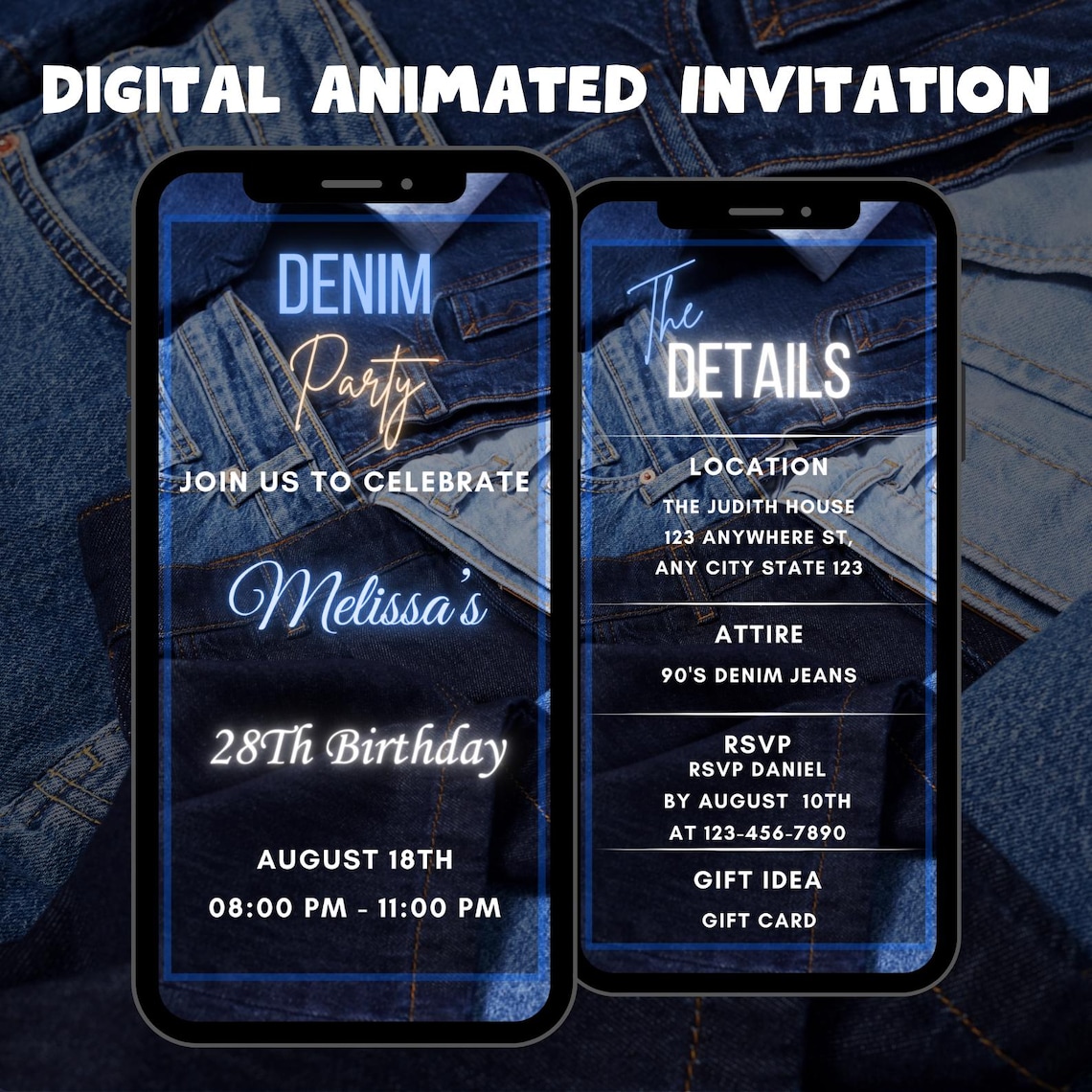 Editable Denim Party Invitation, Denim Birthday Animated Invitation ...