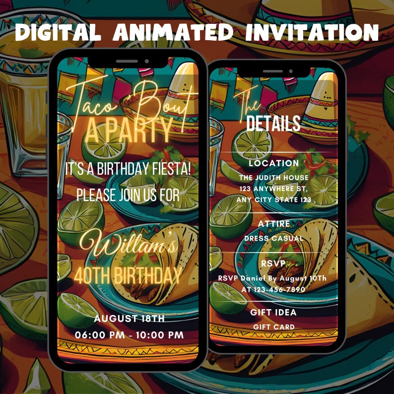 Editable Taco Bout a Birthday Party Invitation, Animated Fiesta ...