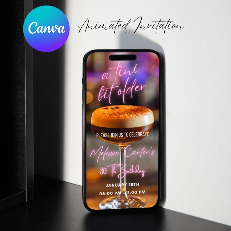 Editable Birthday Party Invitation, Animated Martini Cocktail Dinner ...