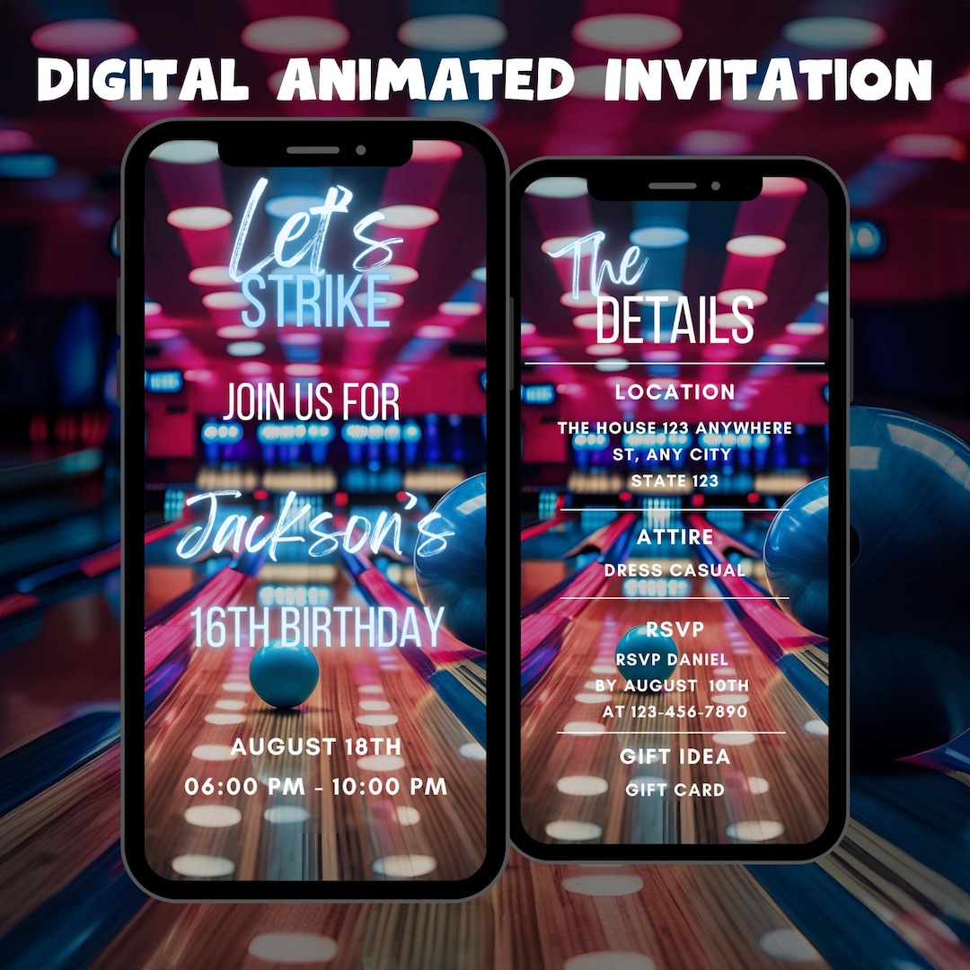 Editable Neon Bowling Birthday Invitation, Let's Strike Neon Glow ...