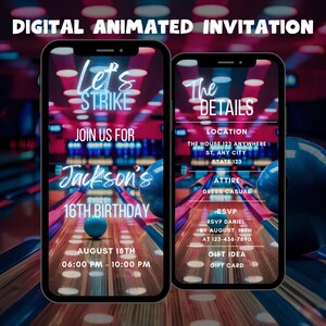 Editable Neon Bowling Birthday Invitation, Let's Strike Neon Glow ...