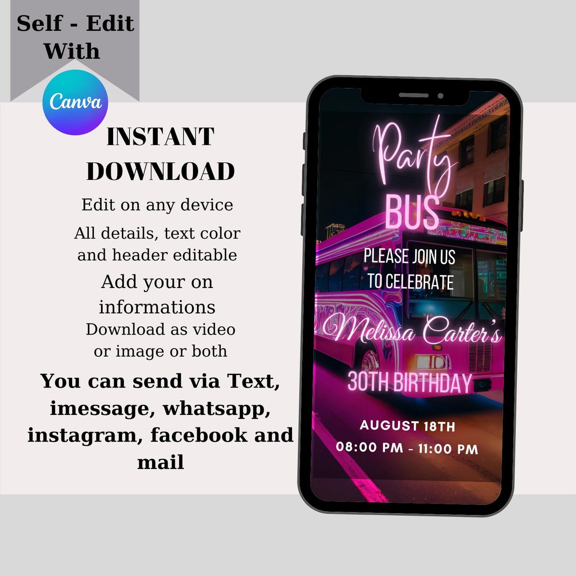 Editable Party Bus Invitation, Animated Party Bus Time Invitation, VIP ...