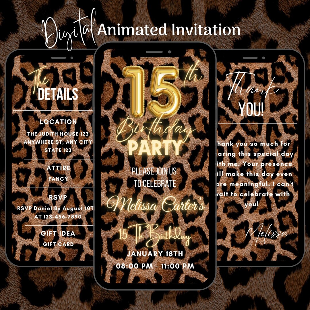 Editable 15th Leopard Birthday Party Video Invitation, Animated Save ...