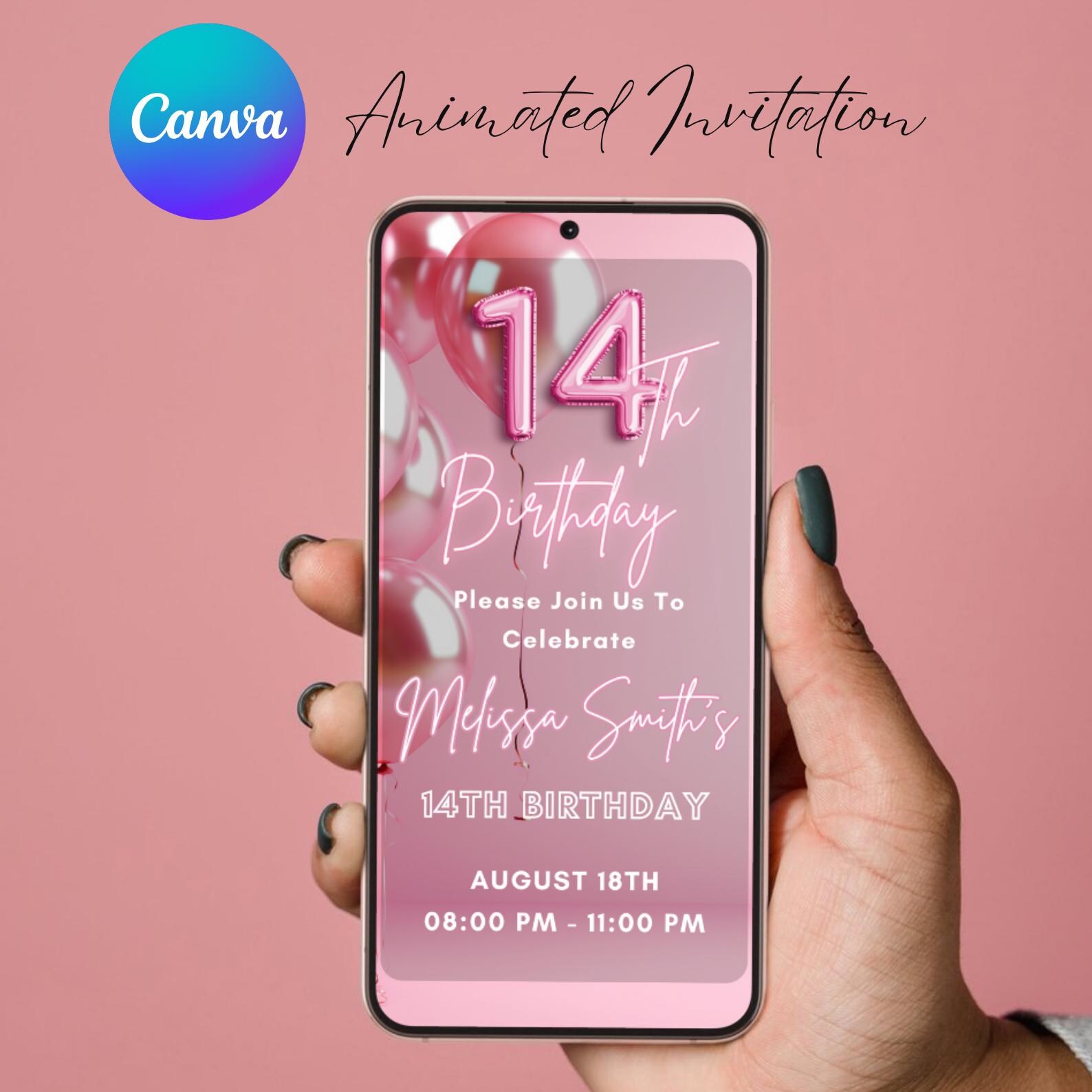 Editable Pink 14th Birthday Invitation, Animated 14th Party Video ...