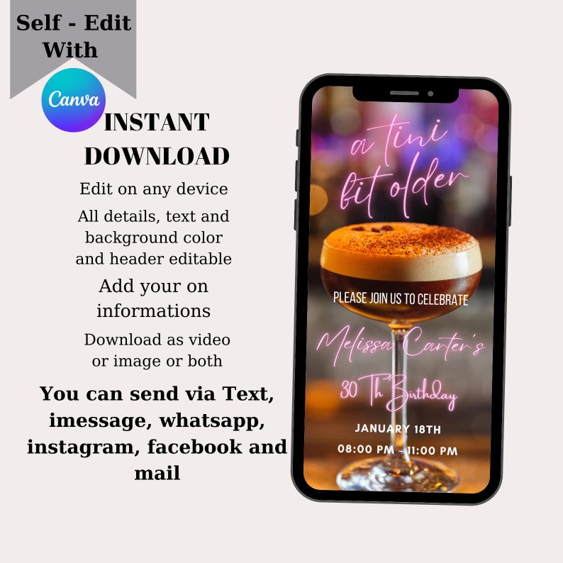 Editable Birthday Party Invitation, Animated Martini Cocktail Dinner ...