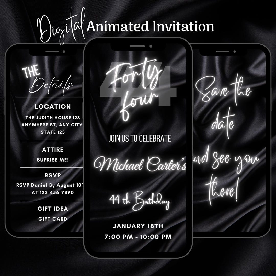 Digital Black 44th Birthday Invitation, Animated 44th Birthday Party ...