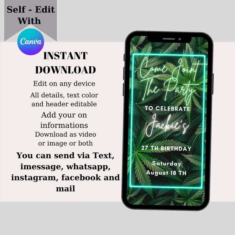 Editable Animated Neon Cannabis Weed Theme Birthday Party Invitation ...