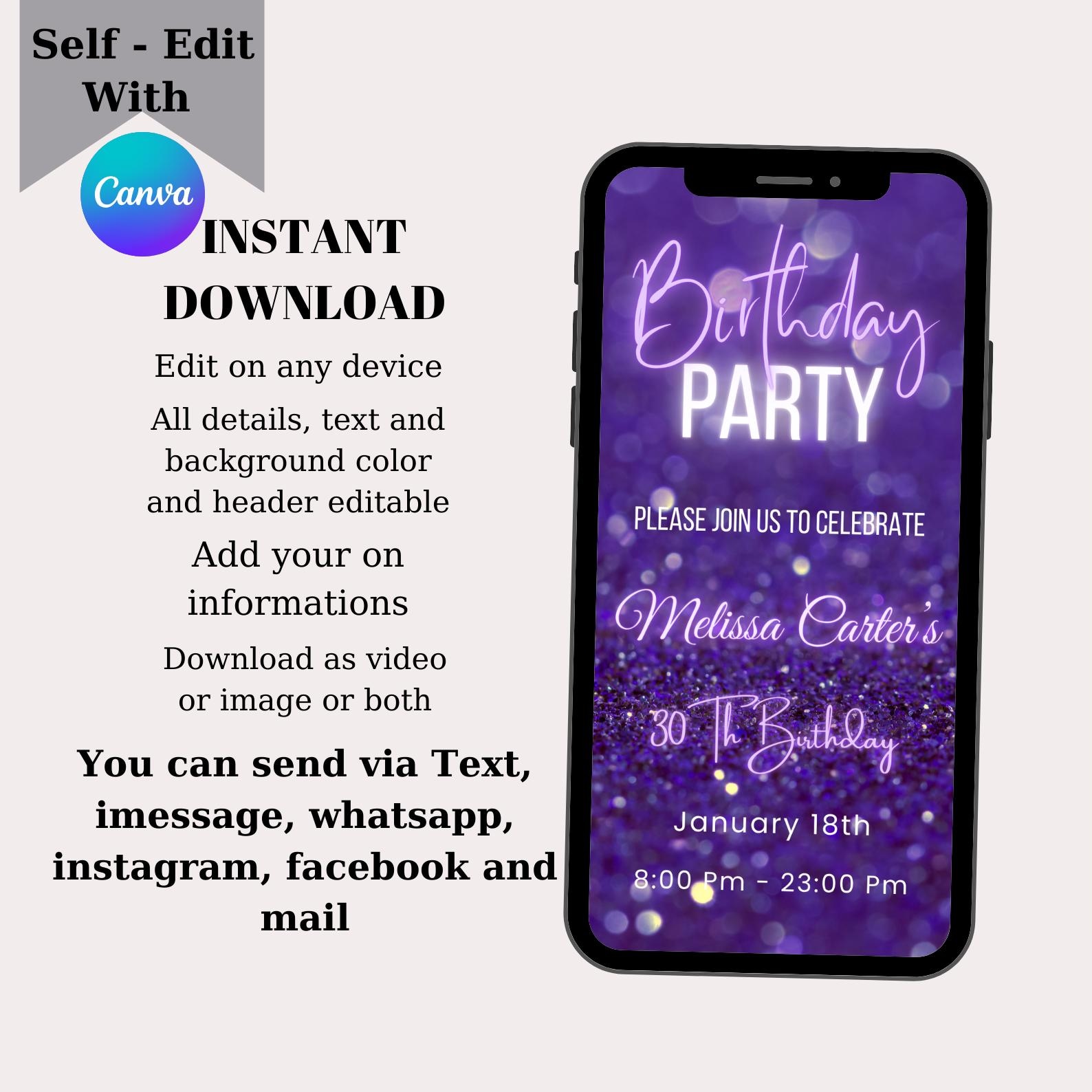 Digital Purple Birthday Party Invitation, Editable Birthday Party ...