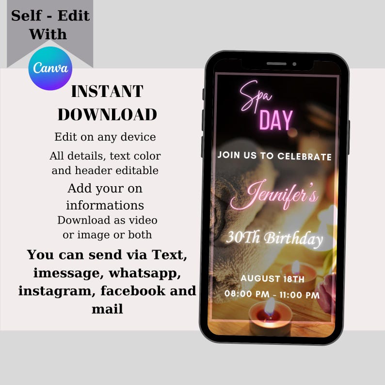 Editable Spa Day Invitation, Spa Birthday Itinerary, Digital Invitation ...