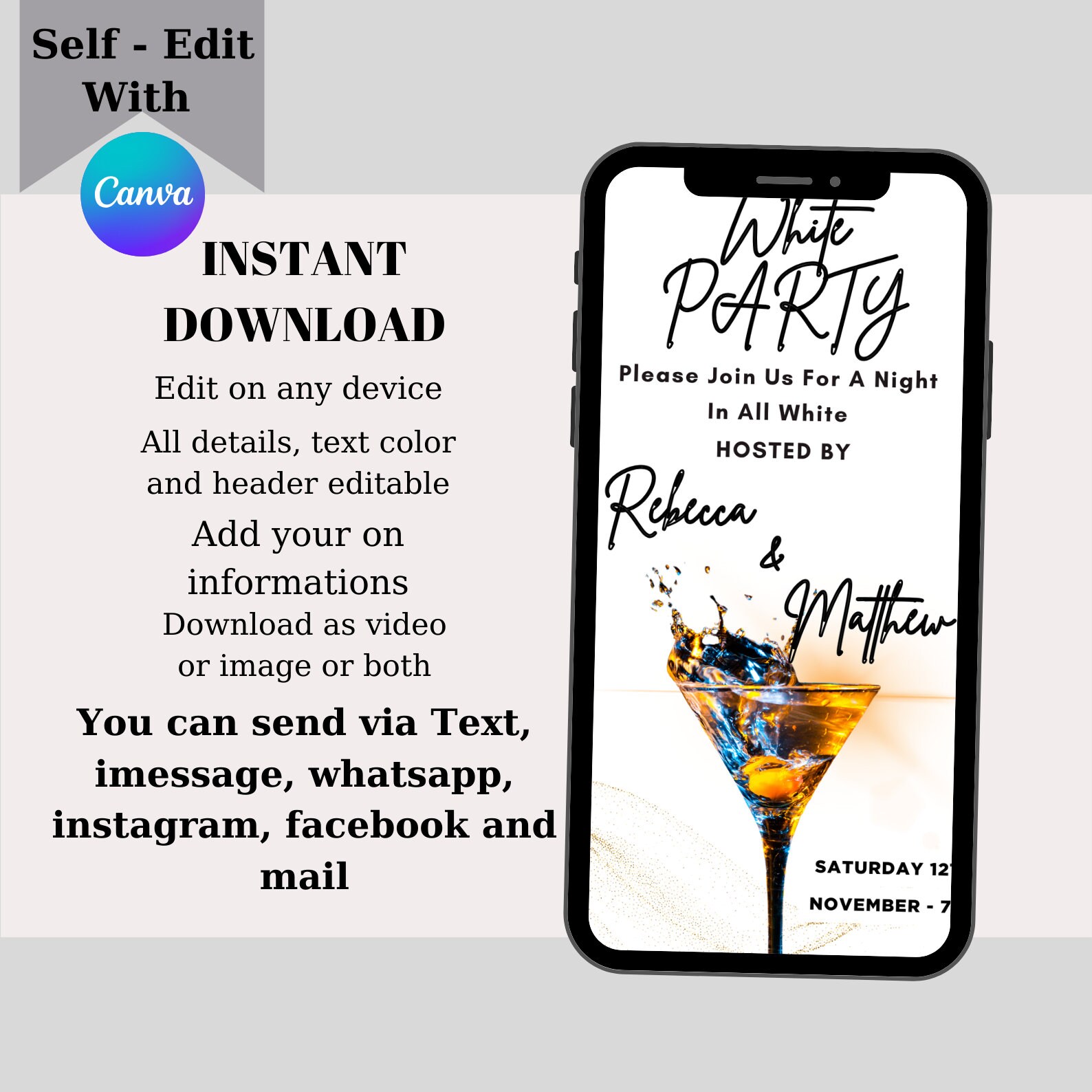 Editable White Party Invitation, Digital White Party Invite, Animated ...