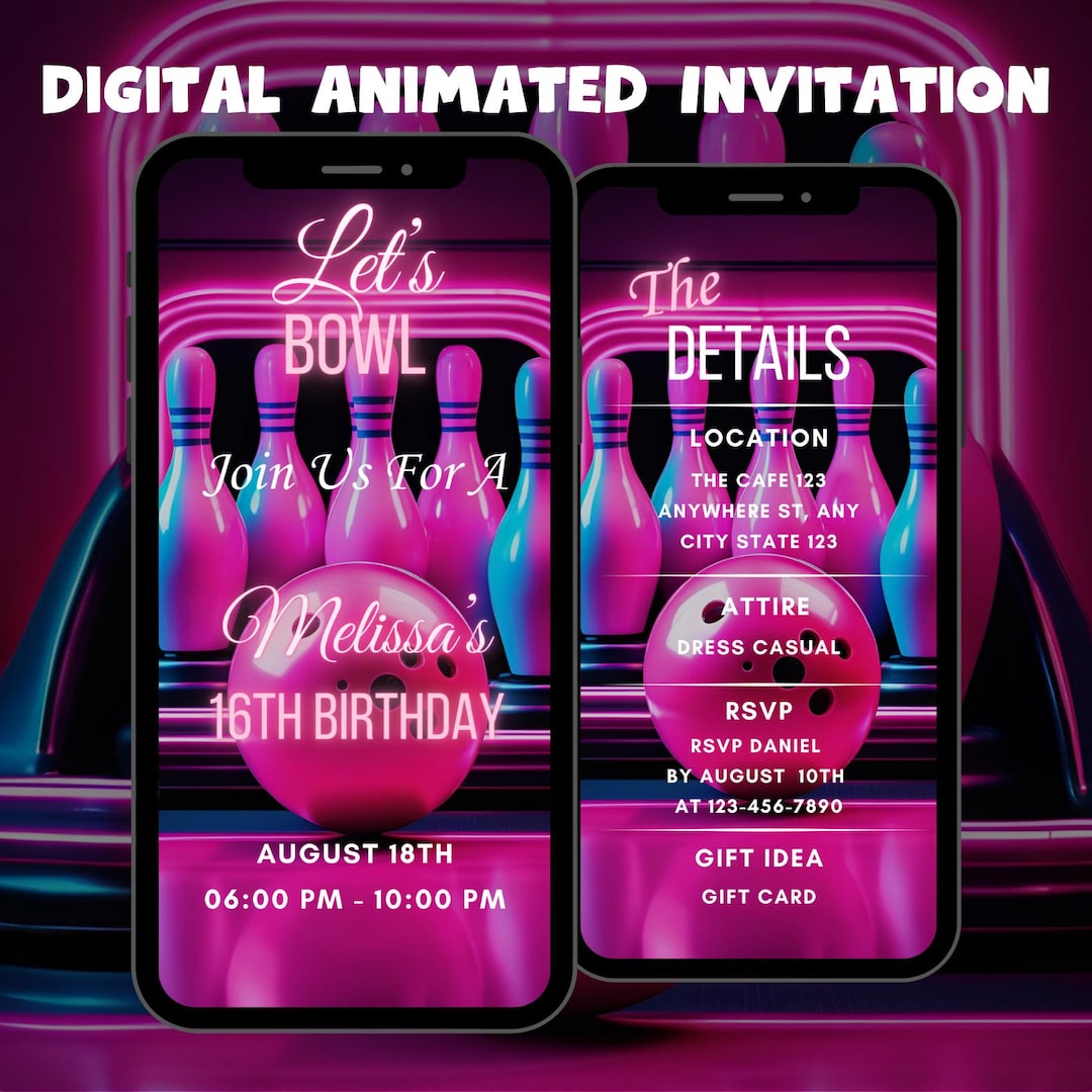 Editable Bowling Invitation, Animated Digital Neon Bowling Birthday ...