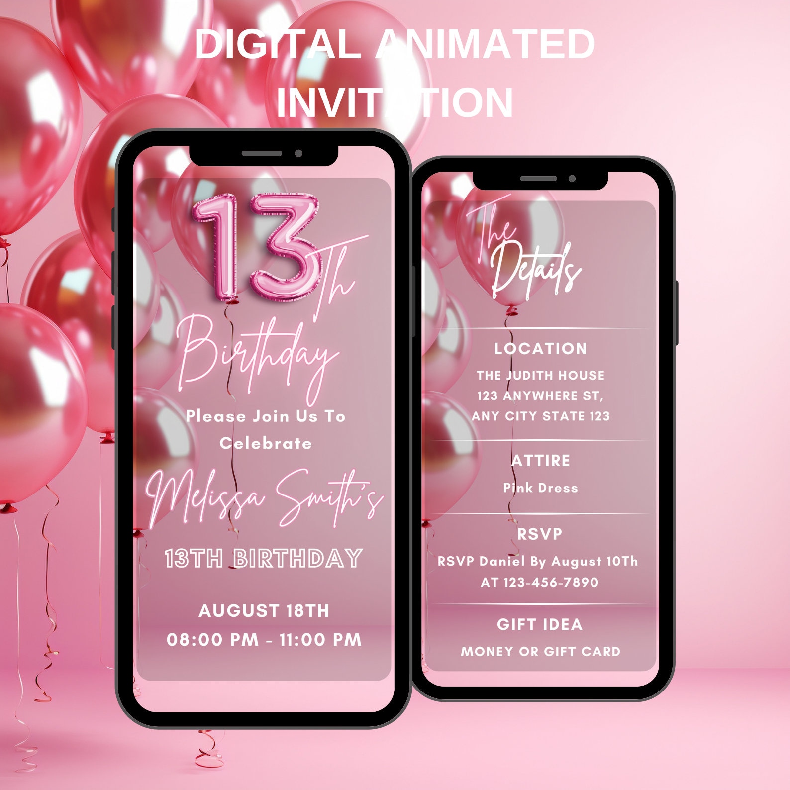 Editable Pink 13TH Birthday Invitation, Animated 13th Party Invite ...