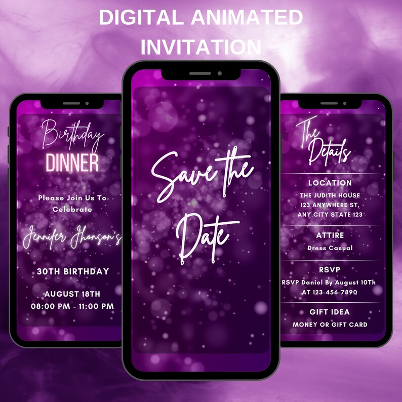 Editable Purple Birthday Invitation, Video Birthday Party Invite, Adult ...