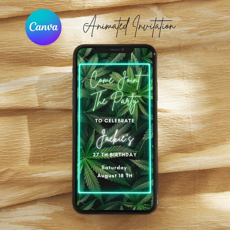 Editable Animated Neon Cannabis Weed Theme Birthday Party Invitation ...