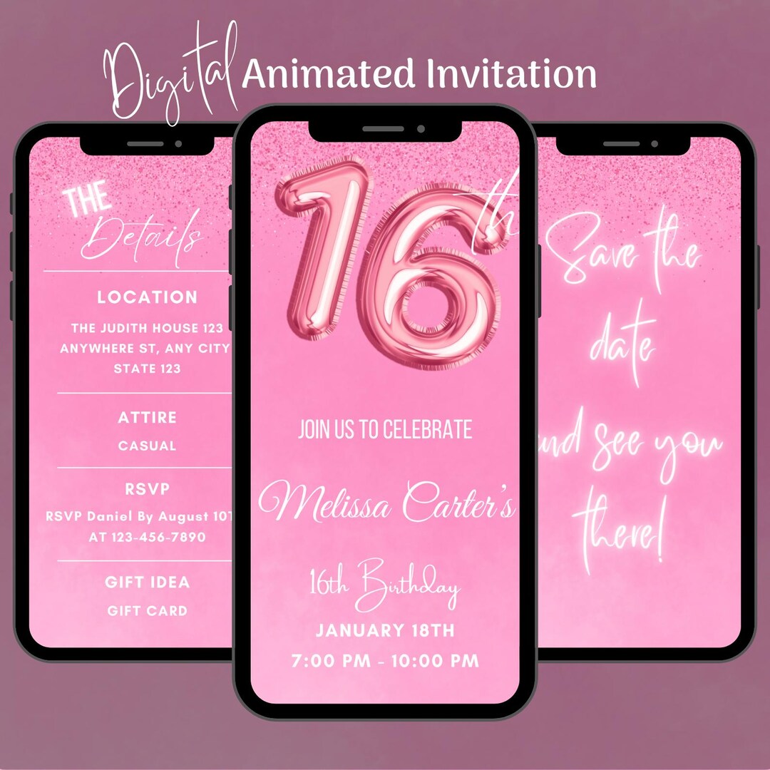 Editable Sweet Sixteen Birthday Invitation: Animated Pink 16th Party ...