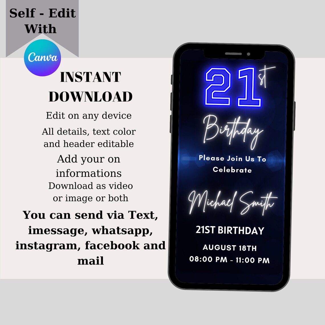 Editable Digital Twenty One 21st Birthday Invitation , 21th Electronic ...