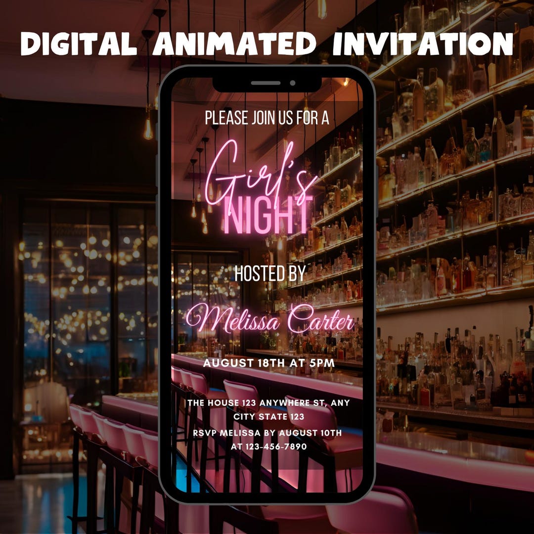 Editable Digital Girls Night Birthday Invitation, Animated Girls Night ...