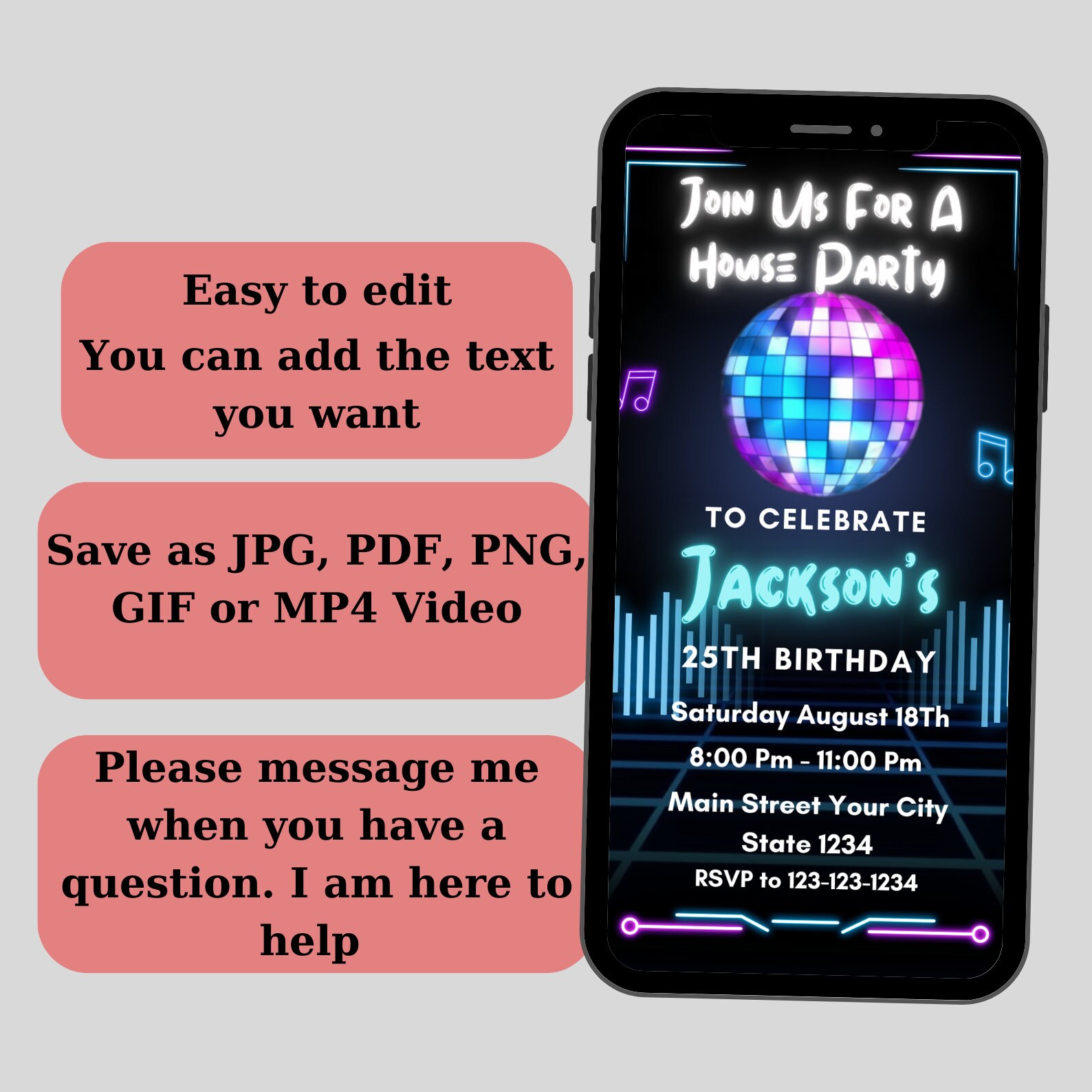 Editable House Party Invite, Disco Ball Birthday Animated Video ...