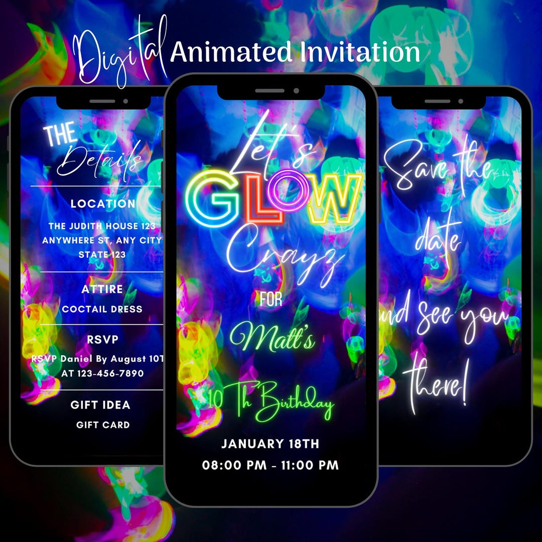 Digital Glow Birthday Party Invitation, Editable Neon Lights Birthday ...