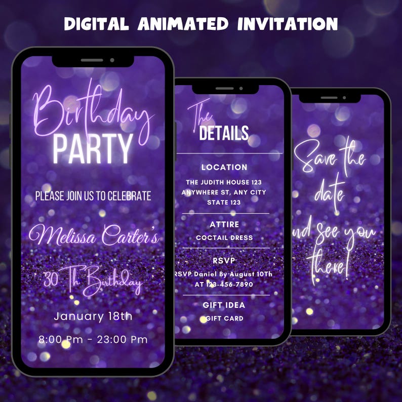 Digital Purple Birthday Party Invitation, Editable Birthday Party ...