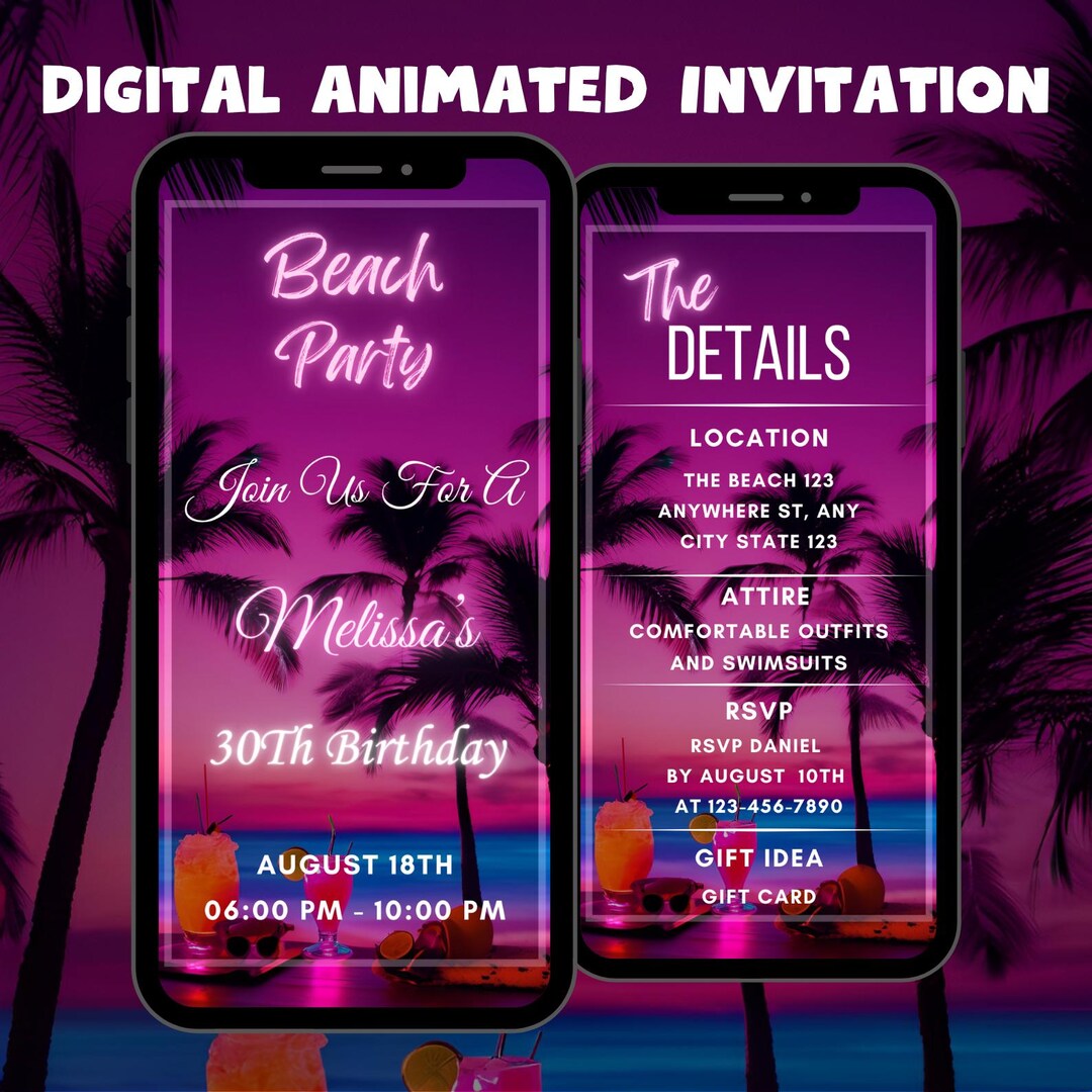 Editable Neon Beach Party Invitation, Beach Birthday Party Animated ...