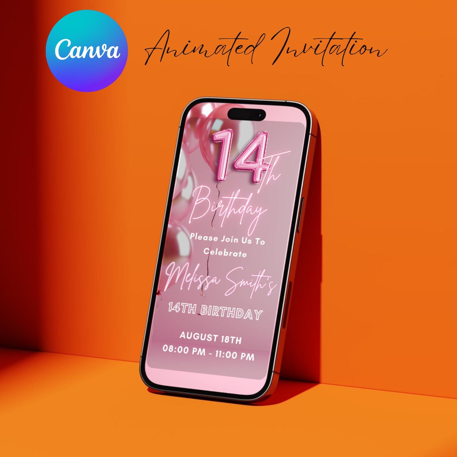 Editable Pink 14th Birthday Invitation, Animated 14th Party Video ...