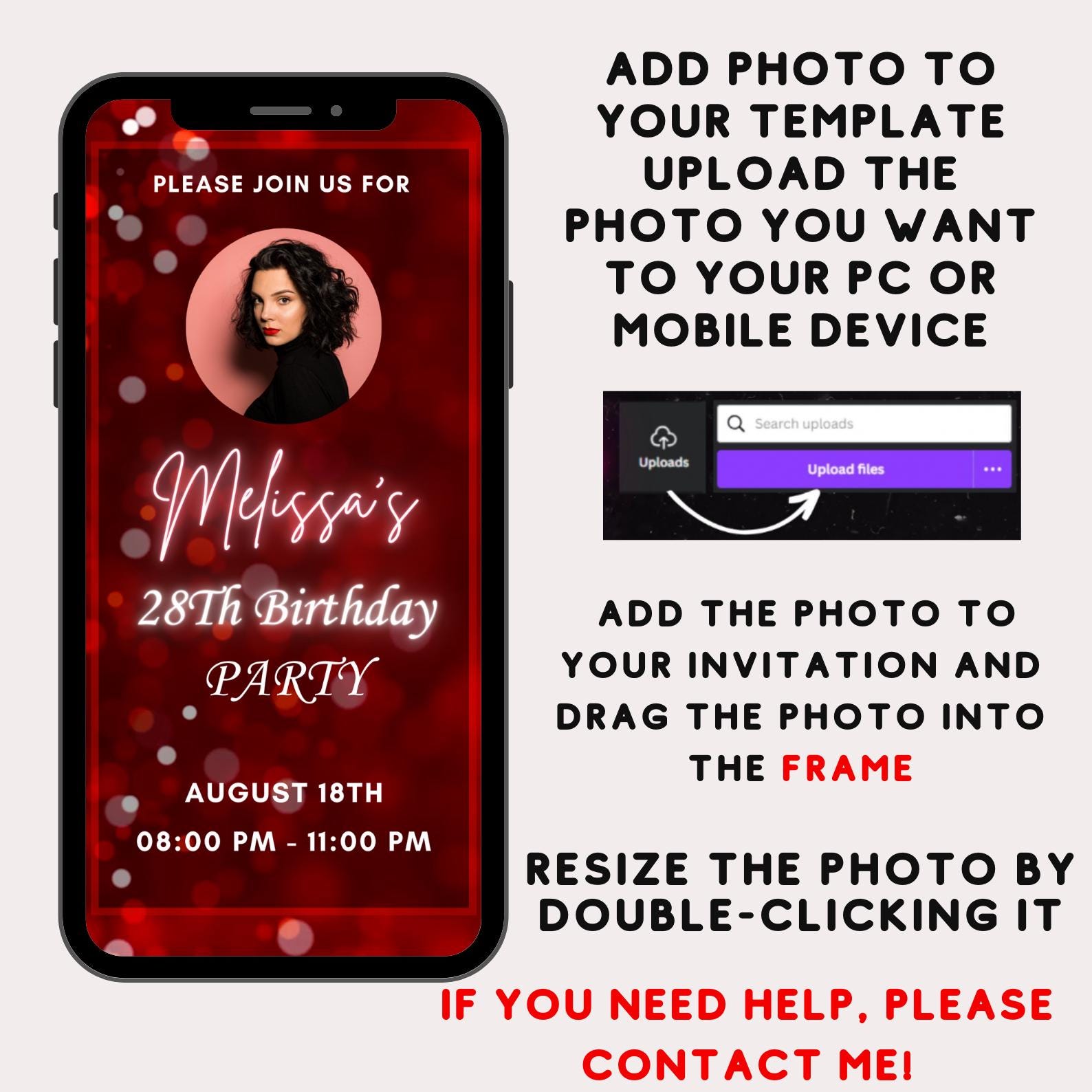 Editable Red Glitter Birthday Invitation With Photo, Digital Birthday ...