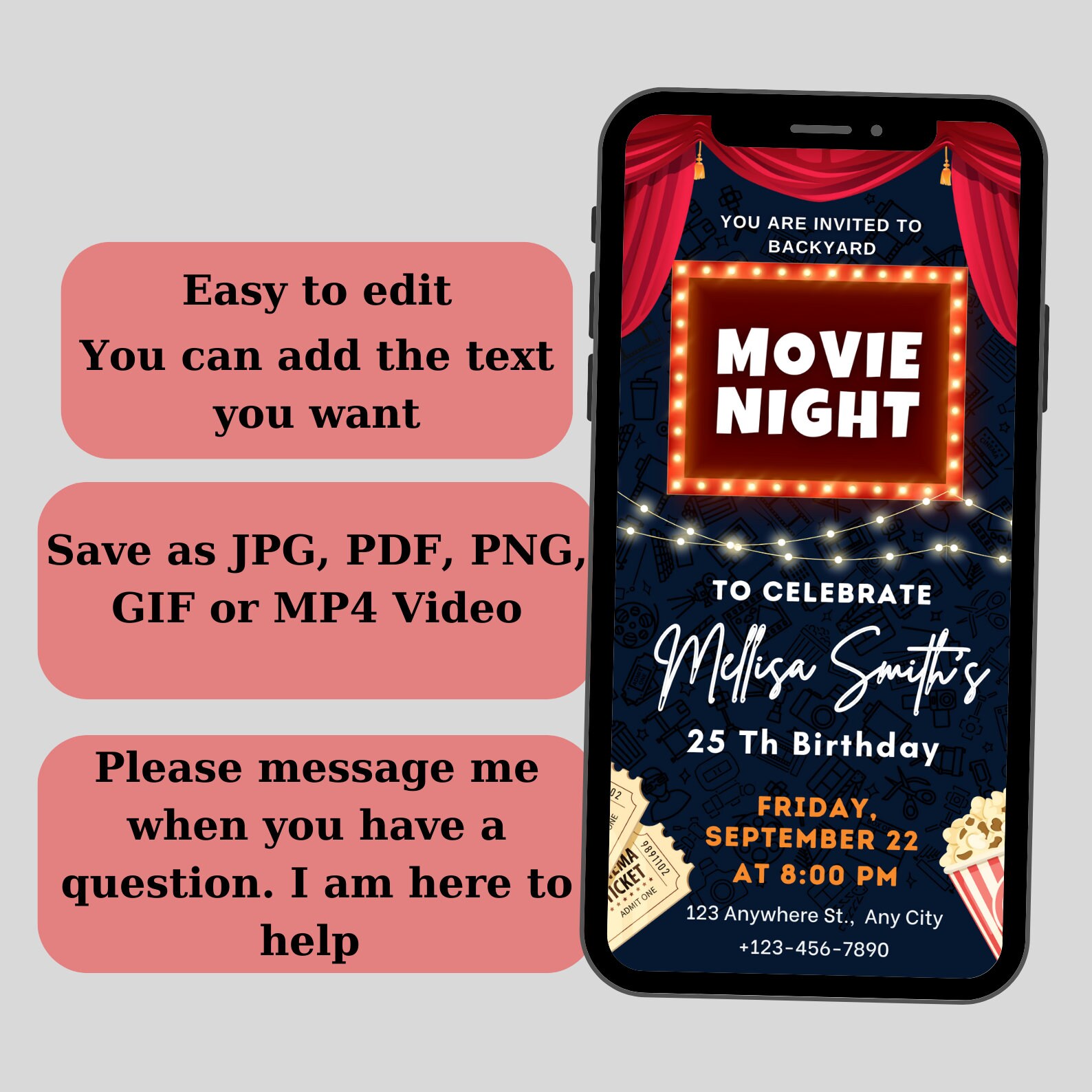Editable Movie Night Birthday Invitation, Animated Birthday Party ...