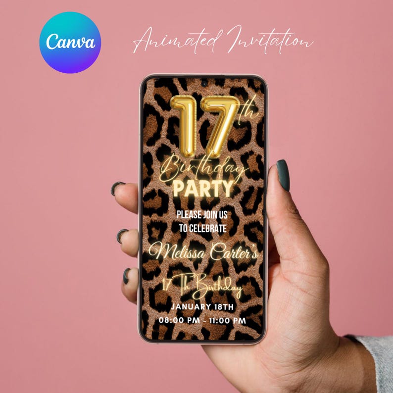 Editable Leopard 17th Birthday Party Video Invitation: Animated Teen ...