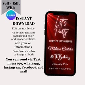 Digital Let's Party Birthday Invitation, Red Birthday Party Video ...