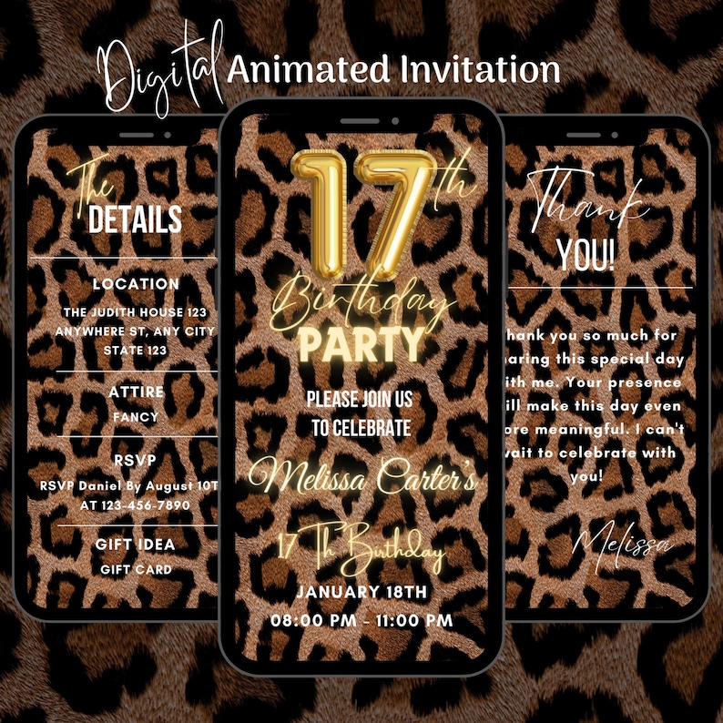 Editable Leopard 17th Birthday Party Video Invitation: Animated Teen ...