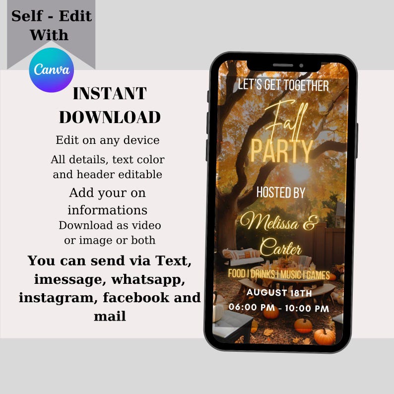 Editable Fall Harvest Party Invite, Digital Autumn Theme Invitation ...