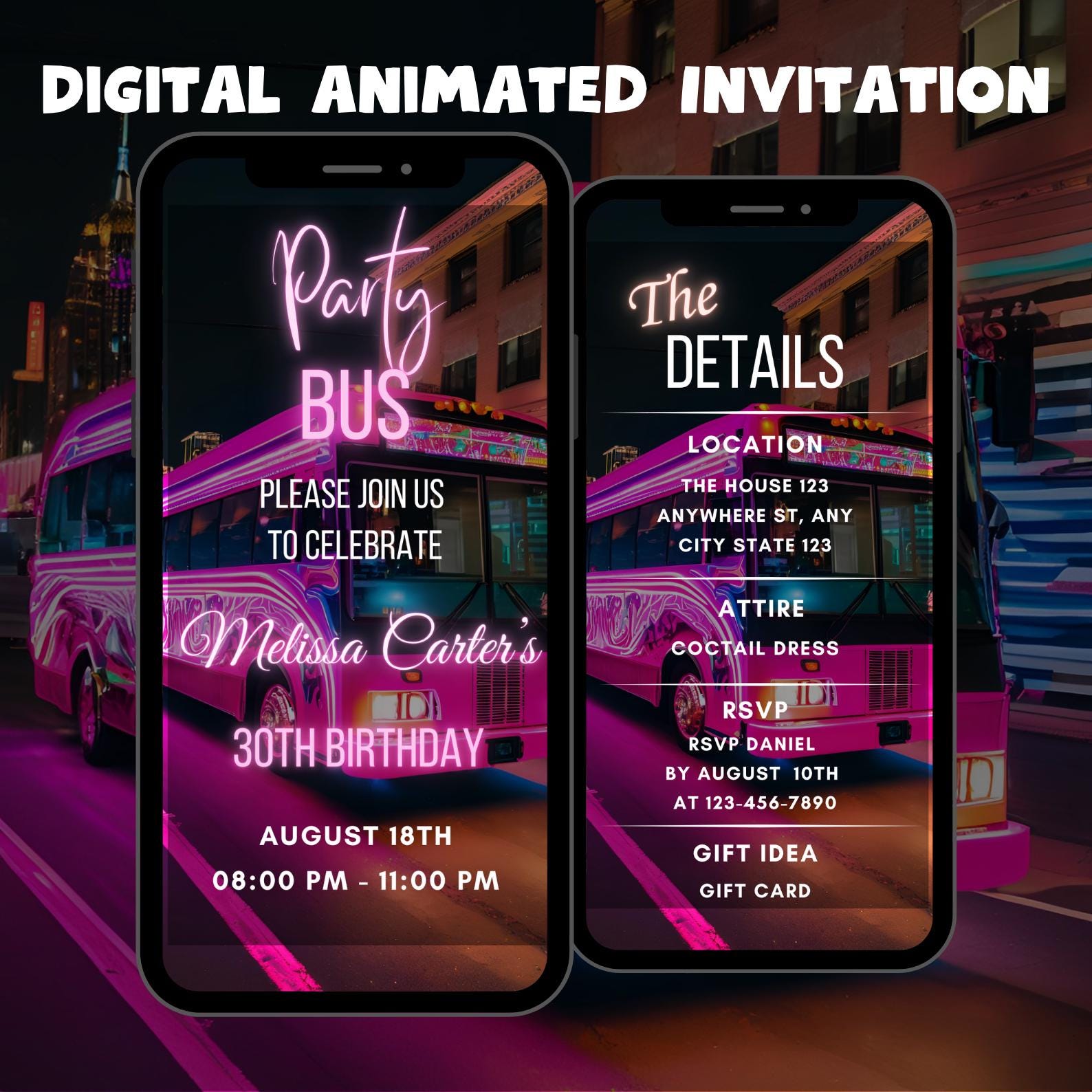Editable Party Bus Invitation, Animated Party Bus Time Invitation, VIP ...