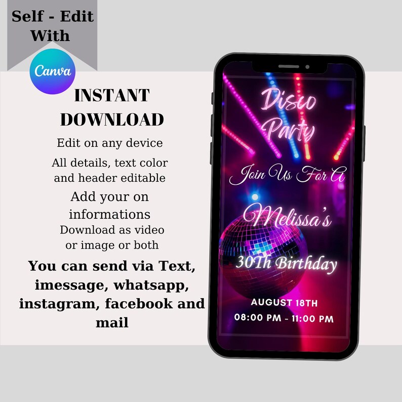 Editable Neon Disco Party Invitation, Disco Birthday Party Animated ...