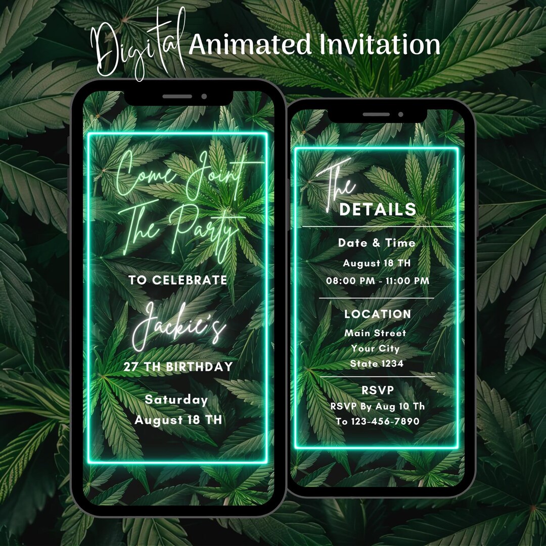 Editable Animated Neon Cannabis Weed Theme Birthday Party Invitation ...