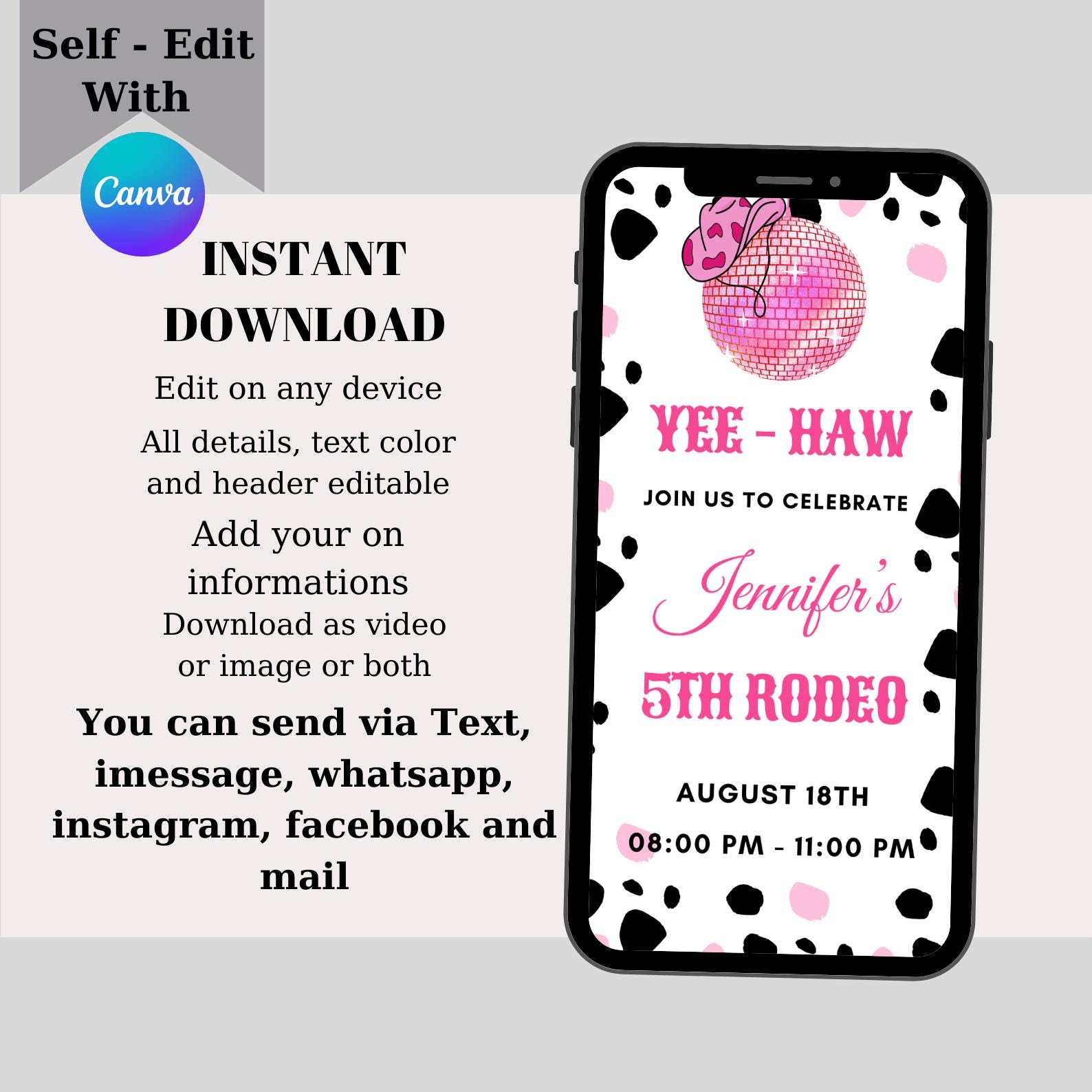 Editable Cowgirl Birthday Invitation, Disco Cowgirl Animated Invitation ...