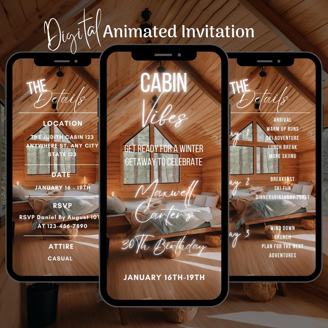 Cabin Birthday Weekend Animated Invitation, Editable Cabin Trip ...
