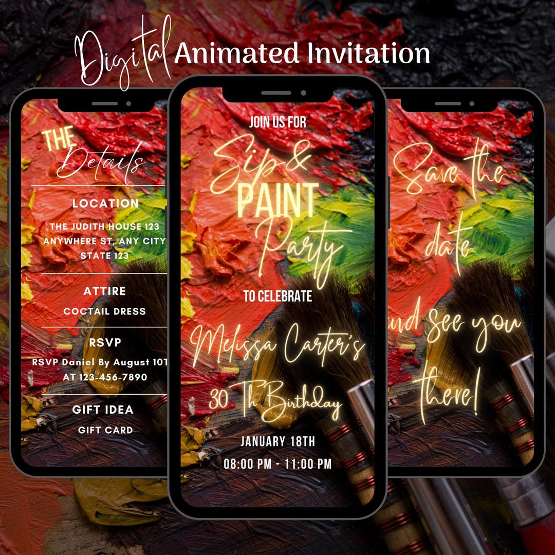 Digital Sip & Paint Invitation, Animated Birthday Celebration Invite ...