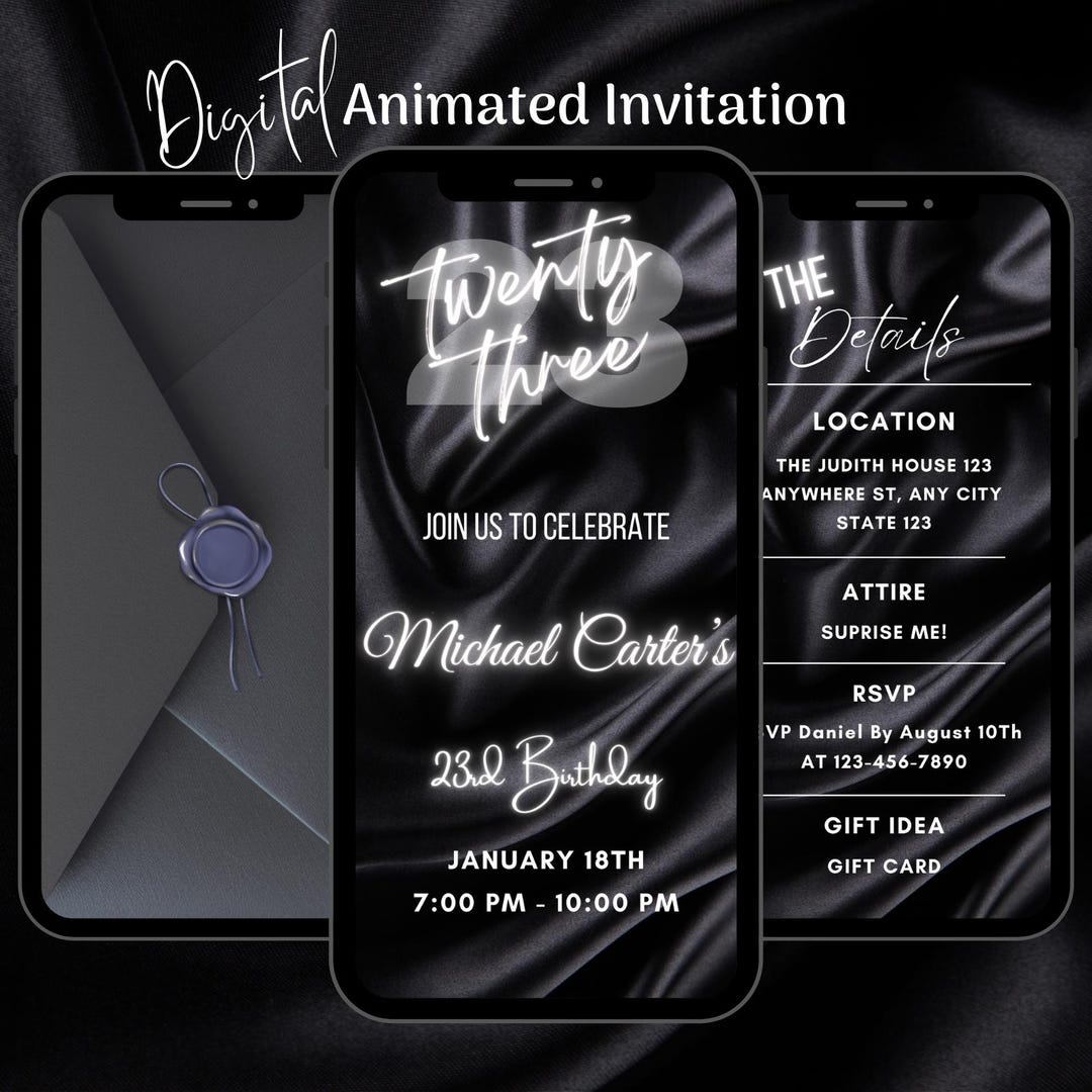 Animated 23rd Birthday Video Invitation: Black Elegant Dinner Party ...