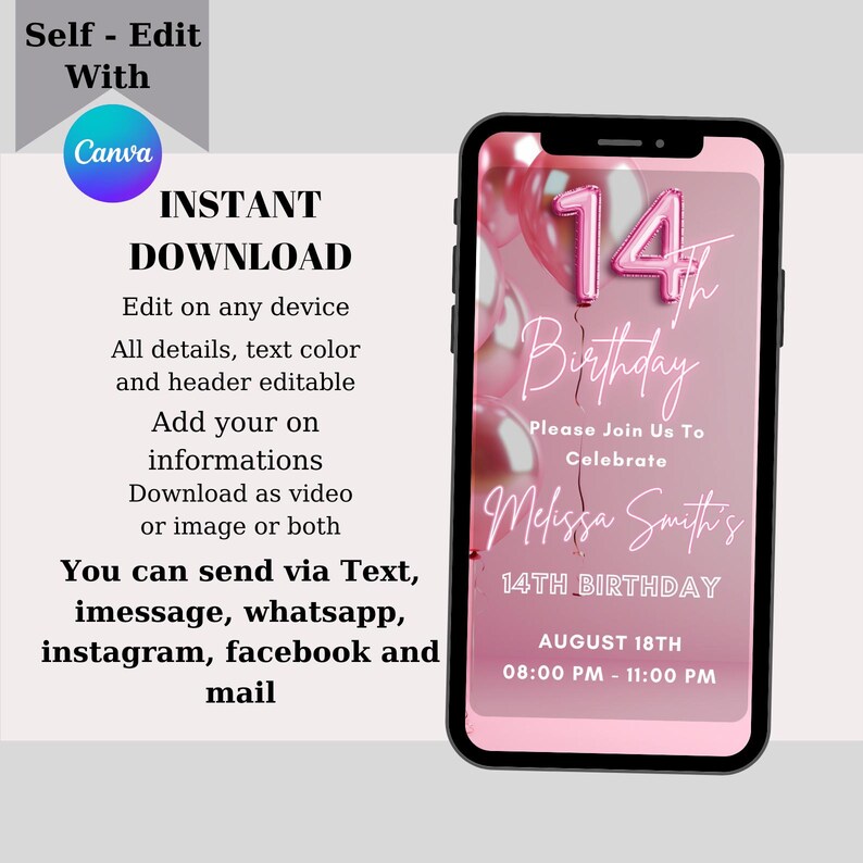 Editable Pink 14TH Birthday Invitation, Animated 14th Party Invite ...