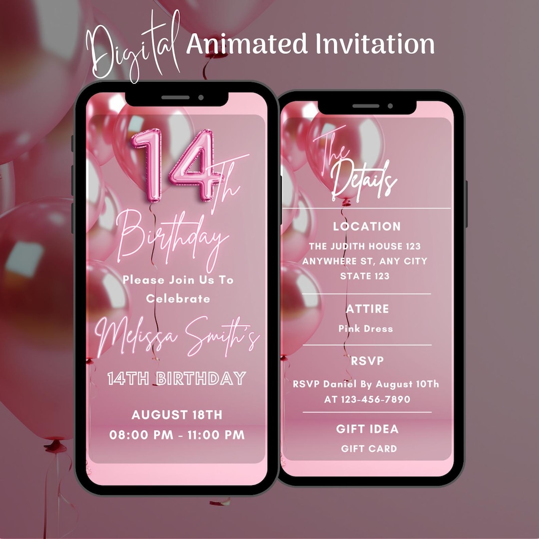 Editable Pink 14th Birthday Invitation, Animated 14th Party Video ...