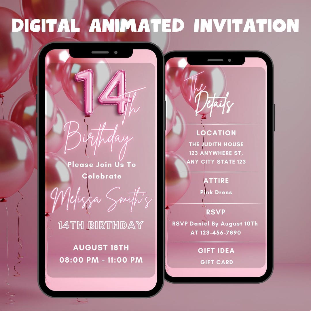 Editable Pink 14TH Birthday Invitation, Animated 14th Party Invite ...