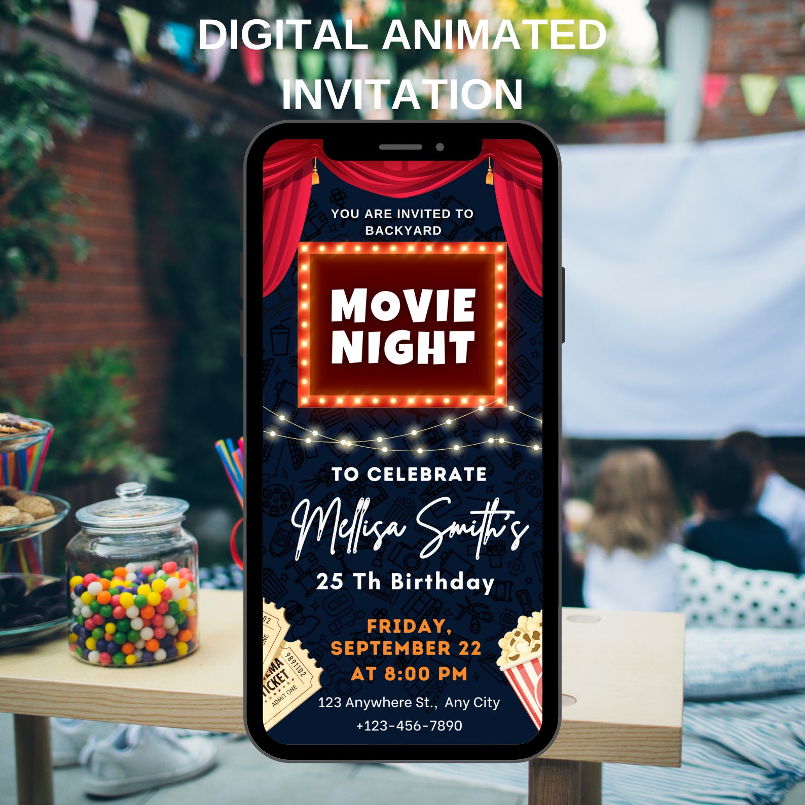 Editable Movie Night Birthday Invitation, Animated Birthday Party ...