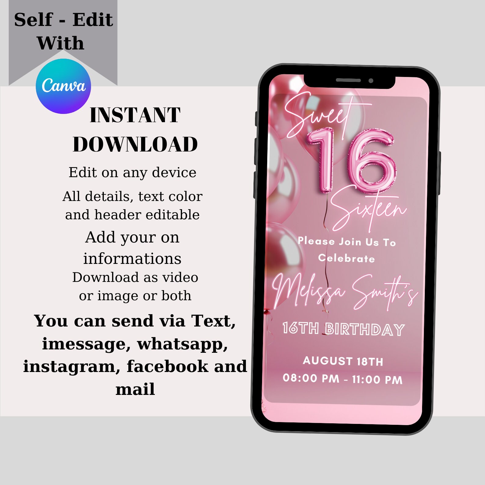 Editable Sweet 16 Sixteen Birthday Invitation, Animated 16th Birthday ...
