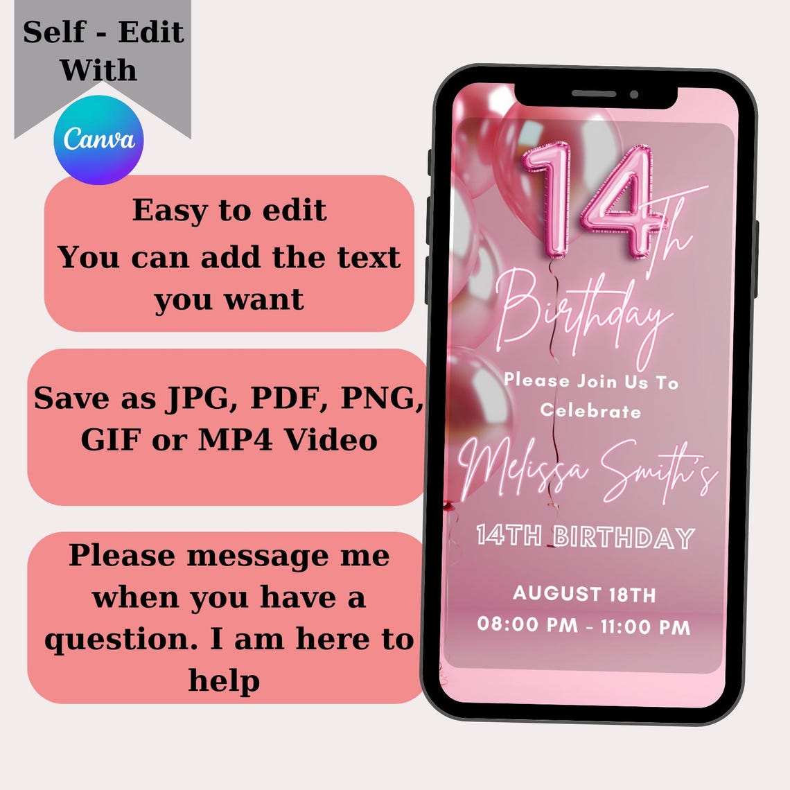 Editable Pink 14th Birthday Invitation, Animated 14th Party Video ...