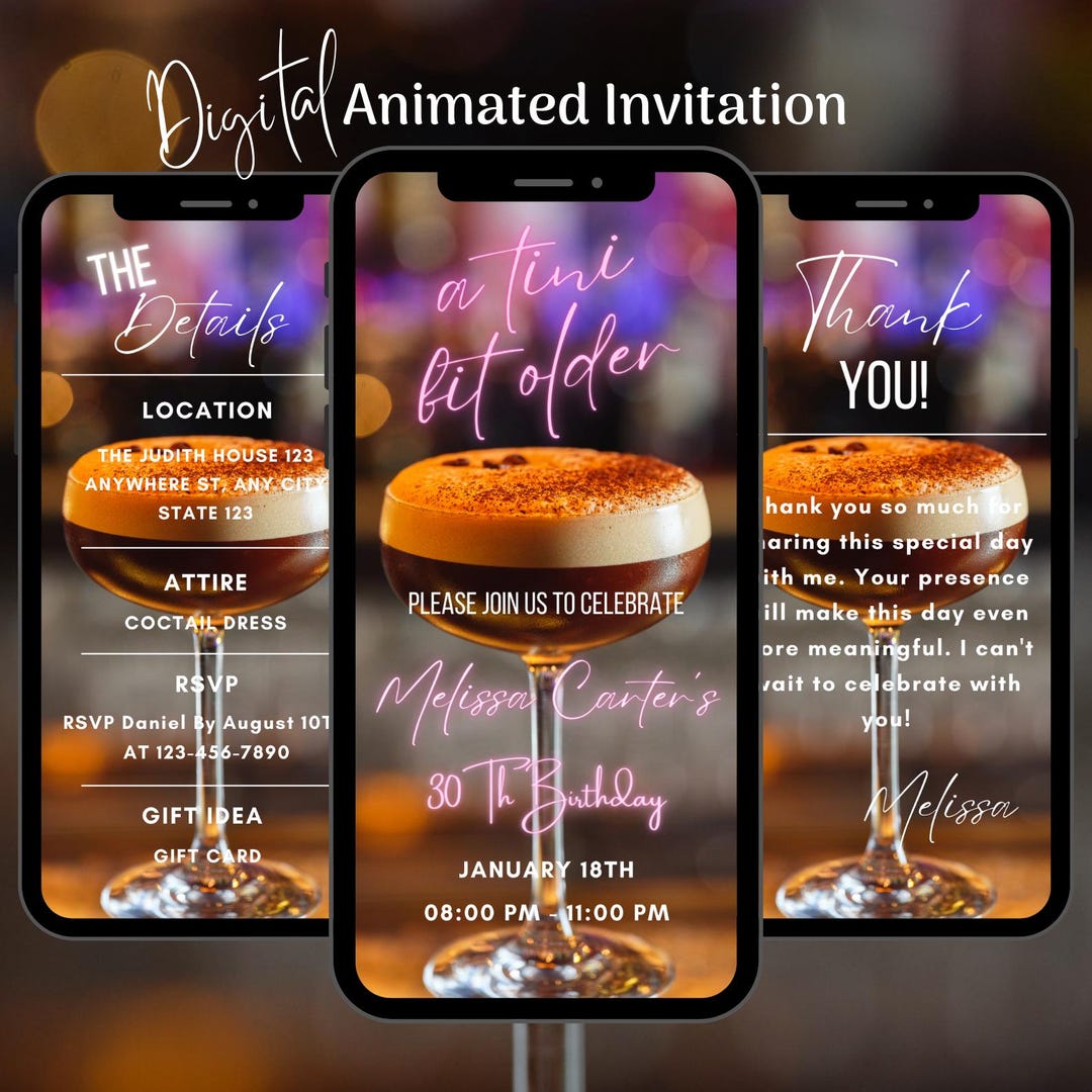Editable Birthday Party Invitation, Animated Martini Cocktail Dinner ...