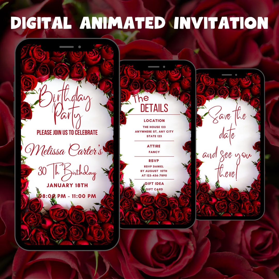 Digital Red Birthday Party Invitation, Red Rose Birthday Party Video ...