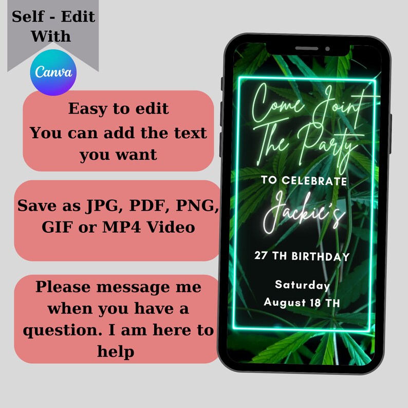Editable Animated Neon Cannabis Theme Birthday Party Invitation for ...
