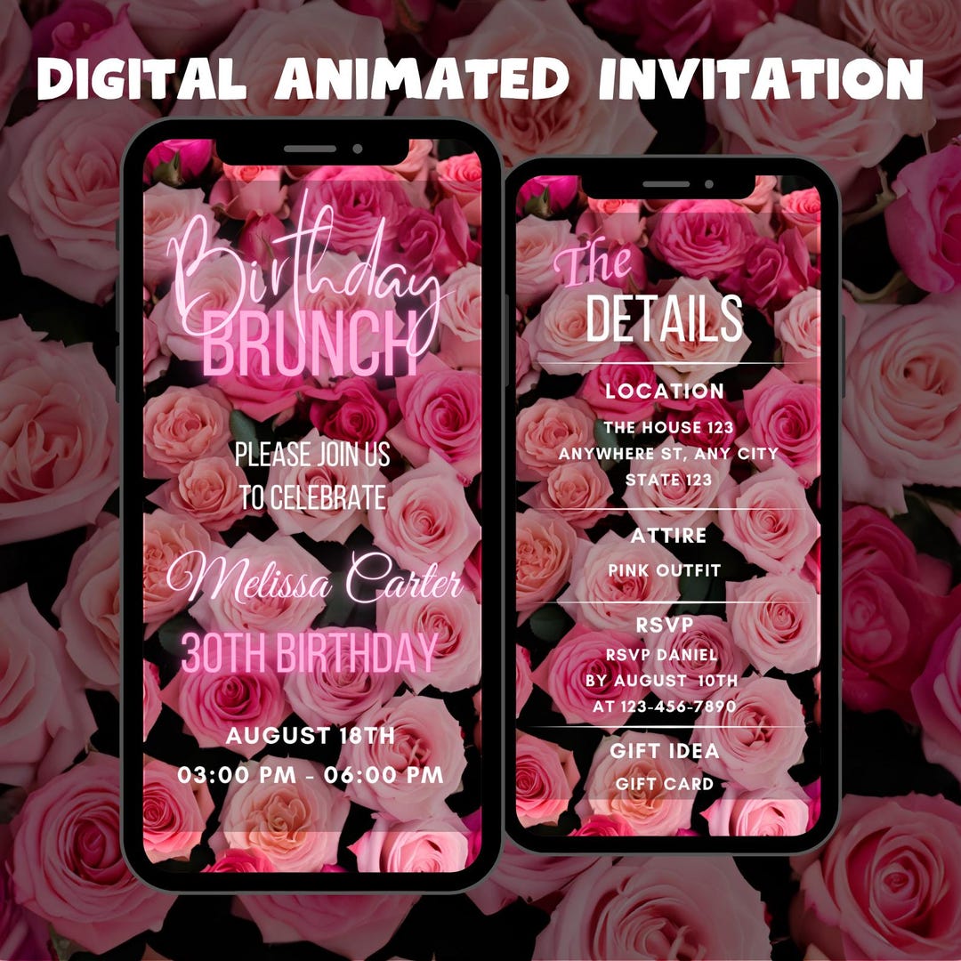 Editable Pink Roses Birthday Brunch Party Invitation, Digital Brunch ...