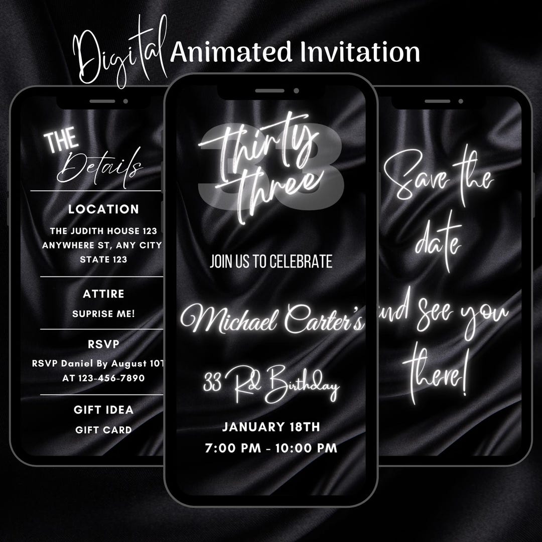 Animated 33rd Birthday Invitation: Editable Black Dinner Party Video ...